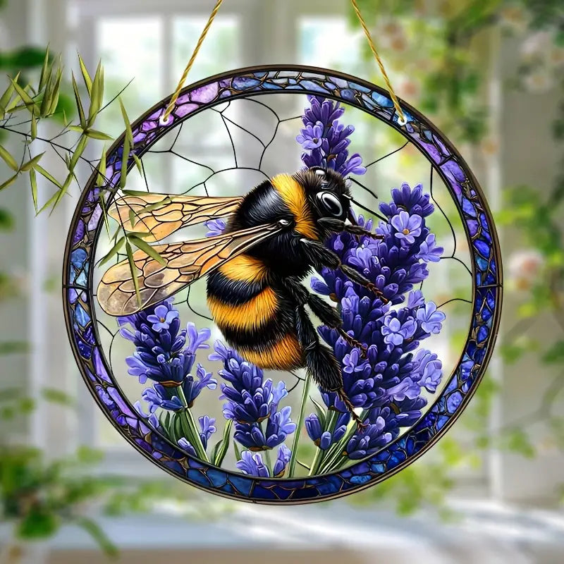 Bee Lavender Stained Glass Suncatcher 9 Inch Decorative Hanging Panel