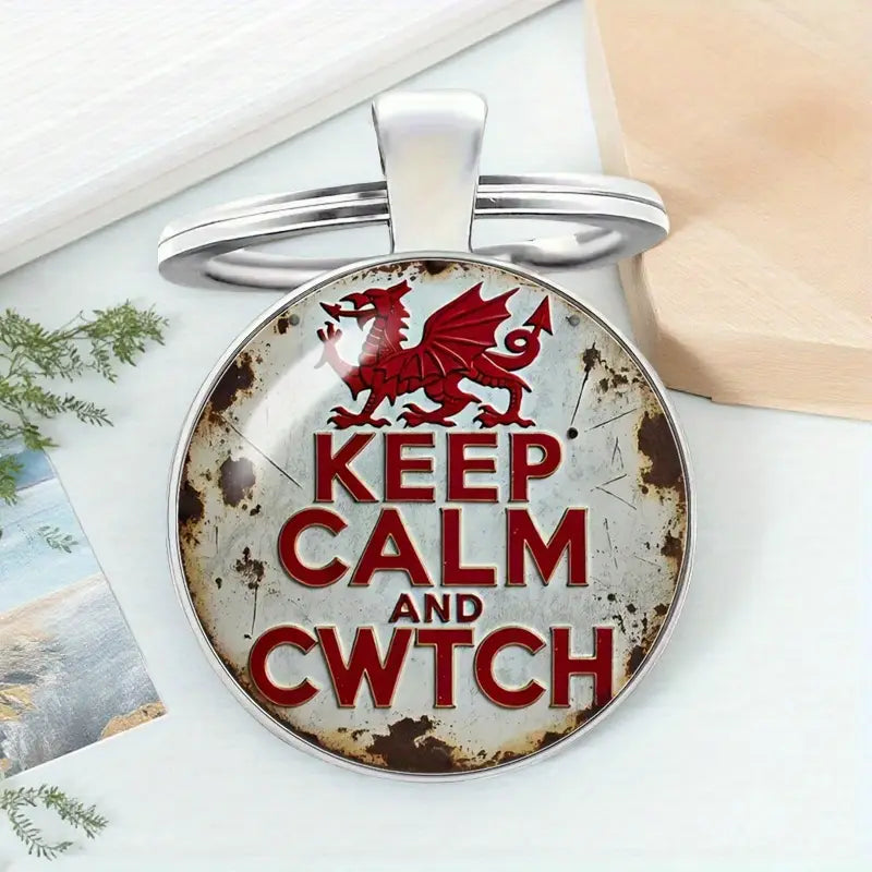 Keep calm and cwtch Welsh dragon keyring gift